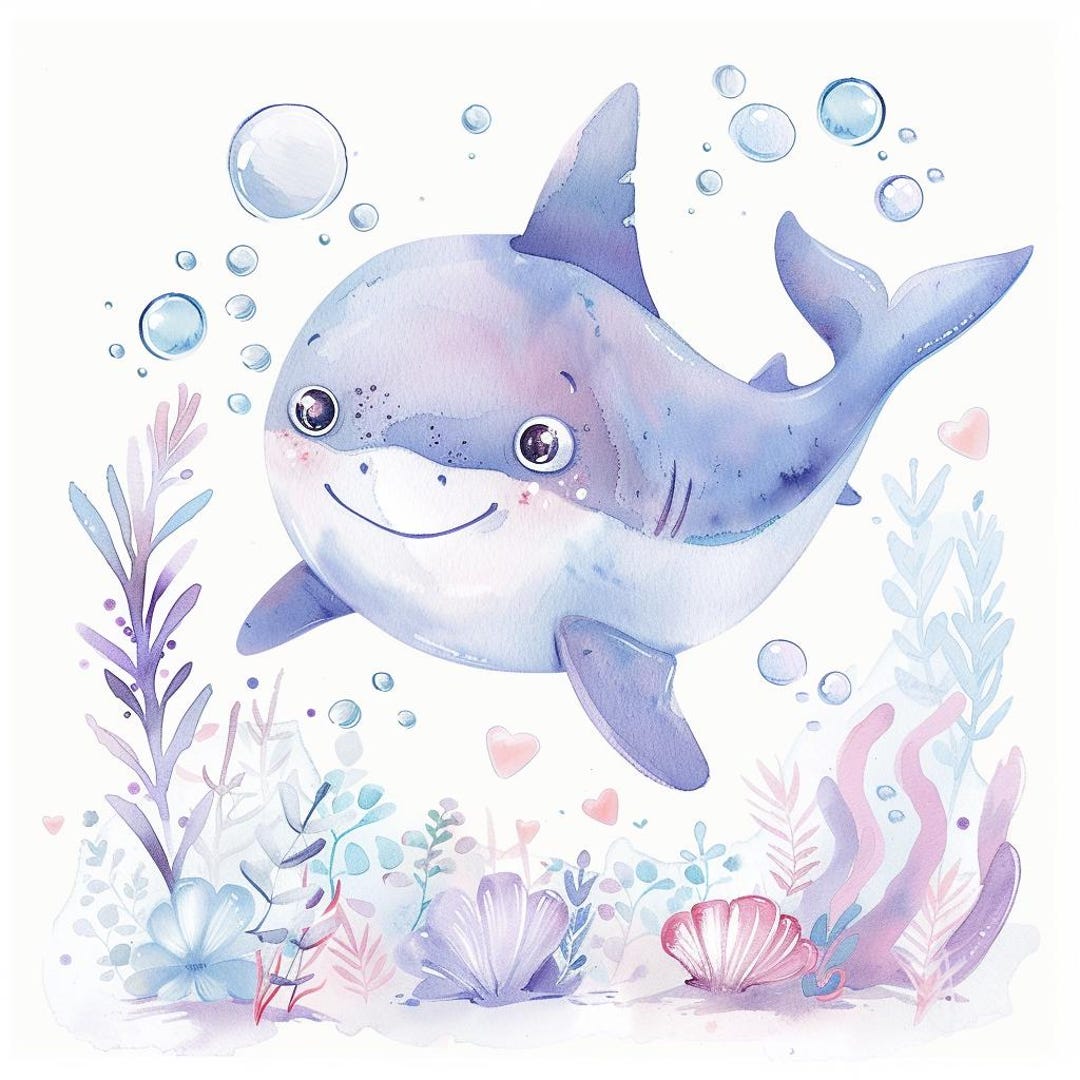 24 Cute Baby Shark Clipart, Underwater Ocean Theme Graphics, Pink Blue ...