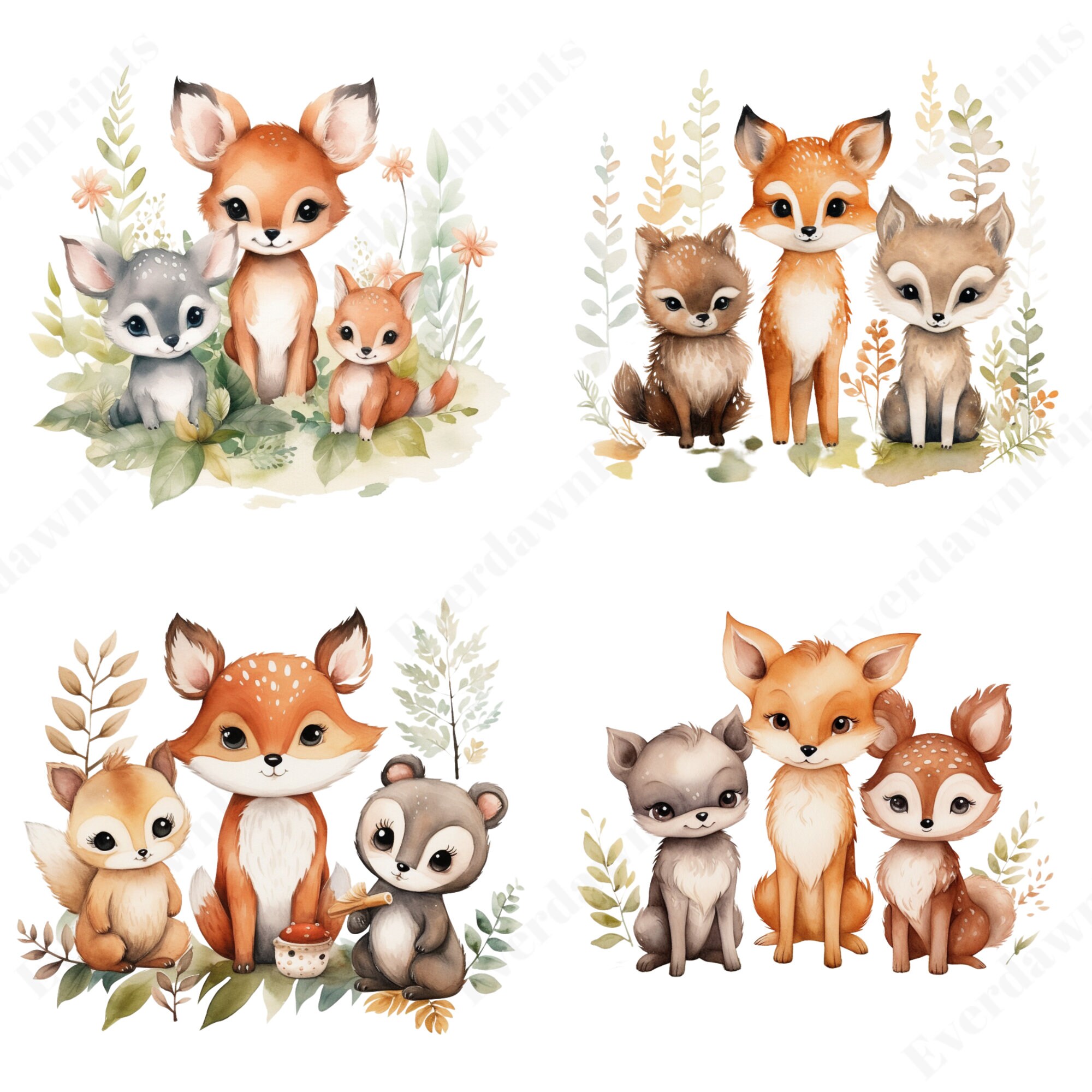 16 Woodland Creatures, Little Animals Watercolor Clip Art, Deer, Fox ...