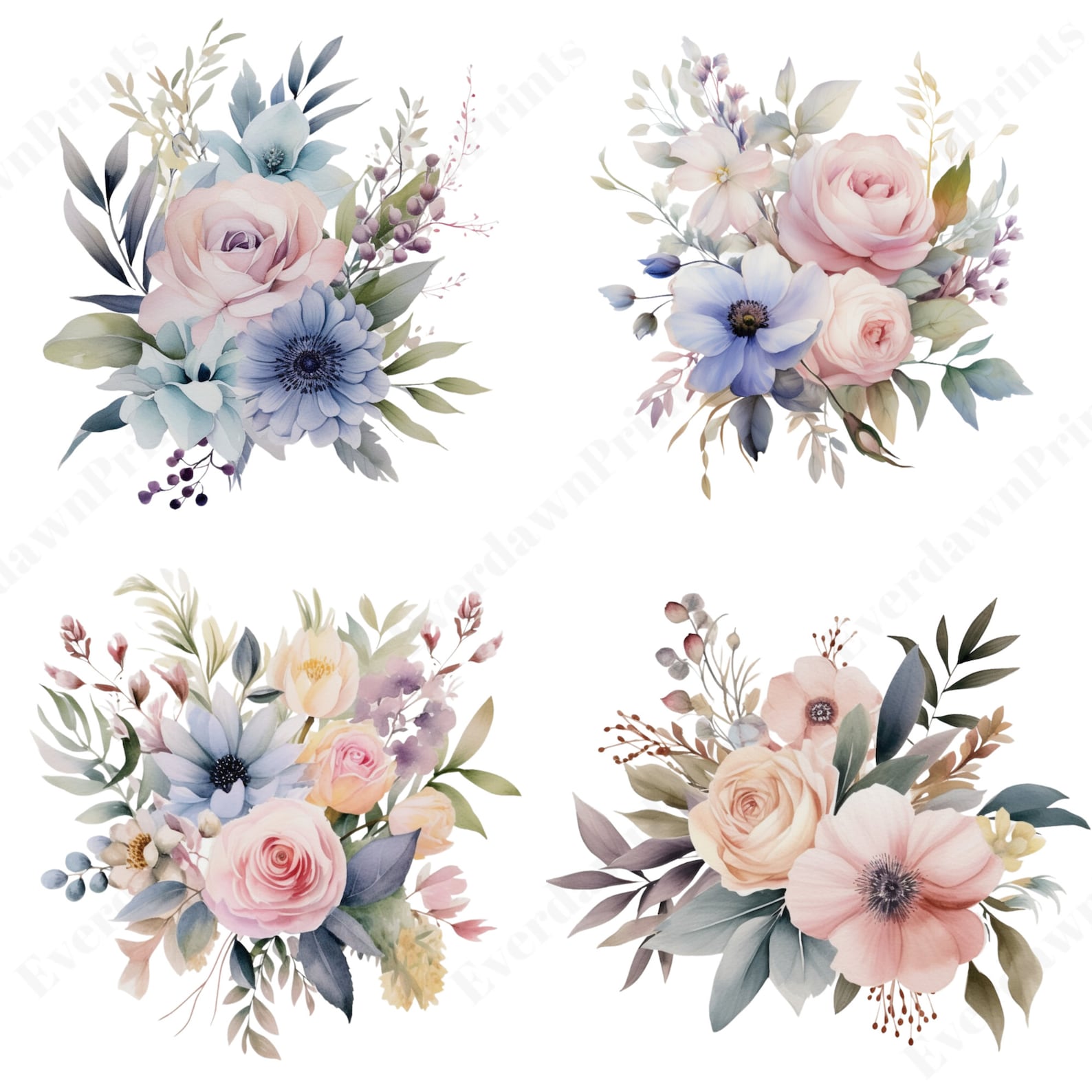 27 Boho Roses Bouquets Clipart, Boho Flower PNG, Dusty Pink Watercolor ...