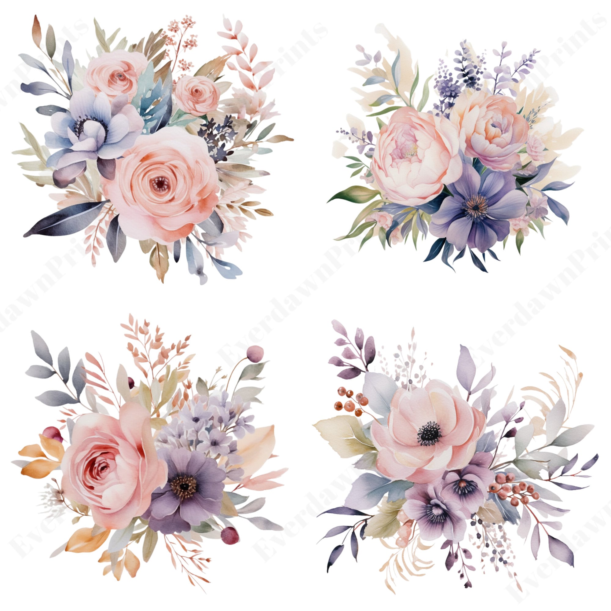 27 Boho Roses Bouquets Clipart, Boho Flower PNG, Dusty Pink Watercolor ...