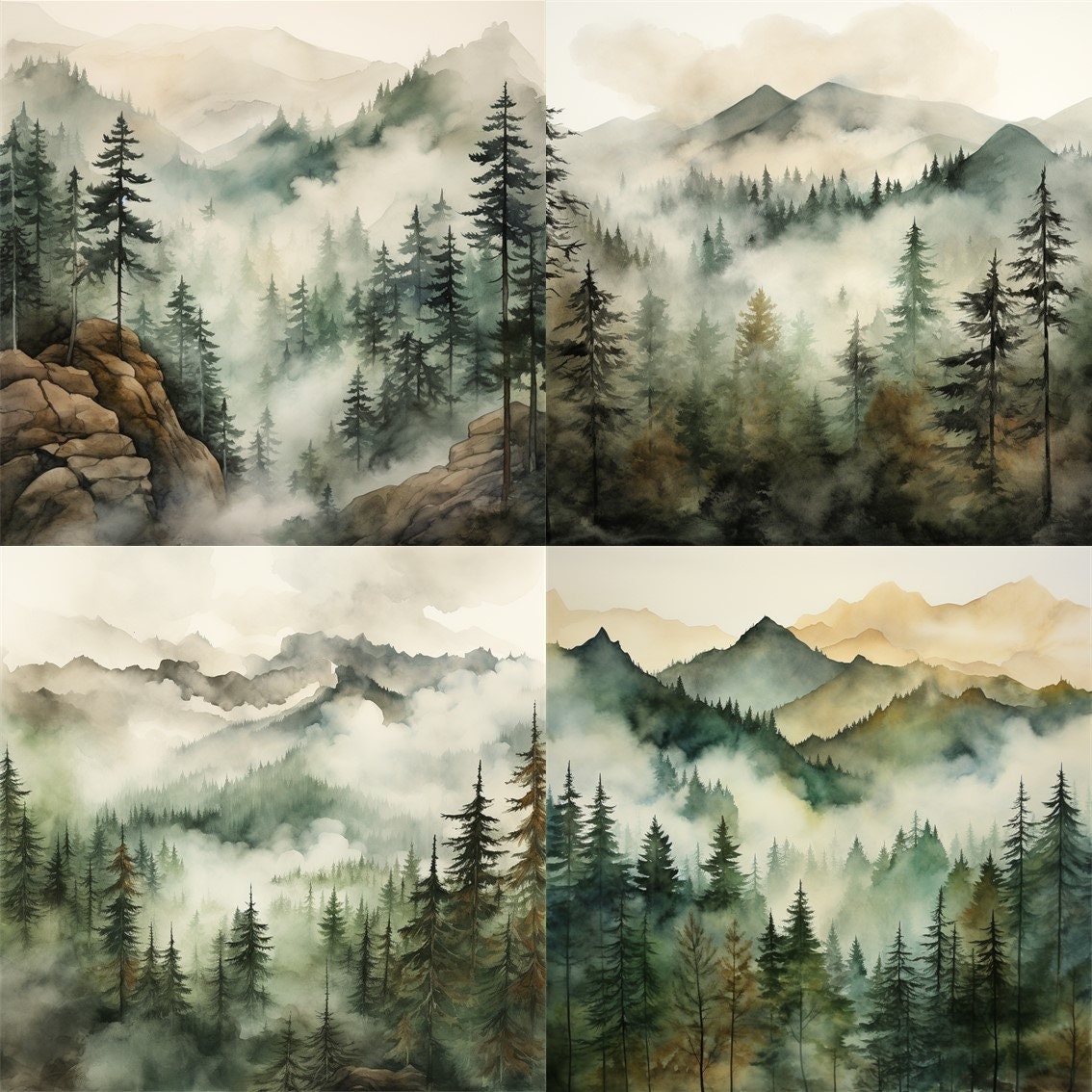 36 Misty Mountain Forest Landscape, Watercolor Forest Background, High ...