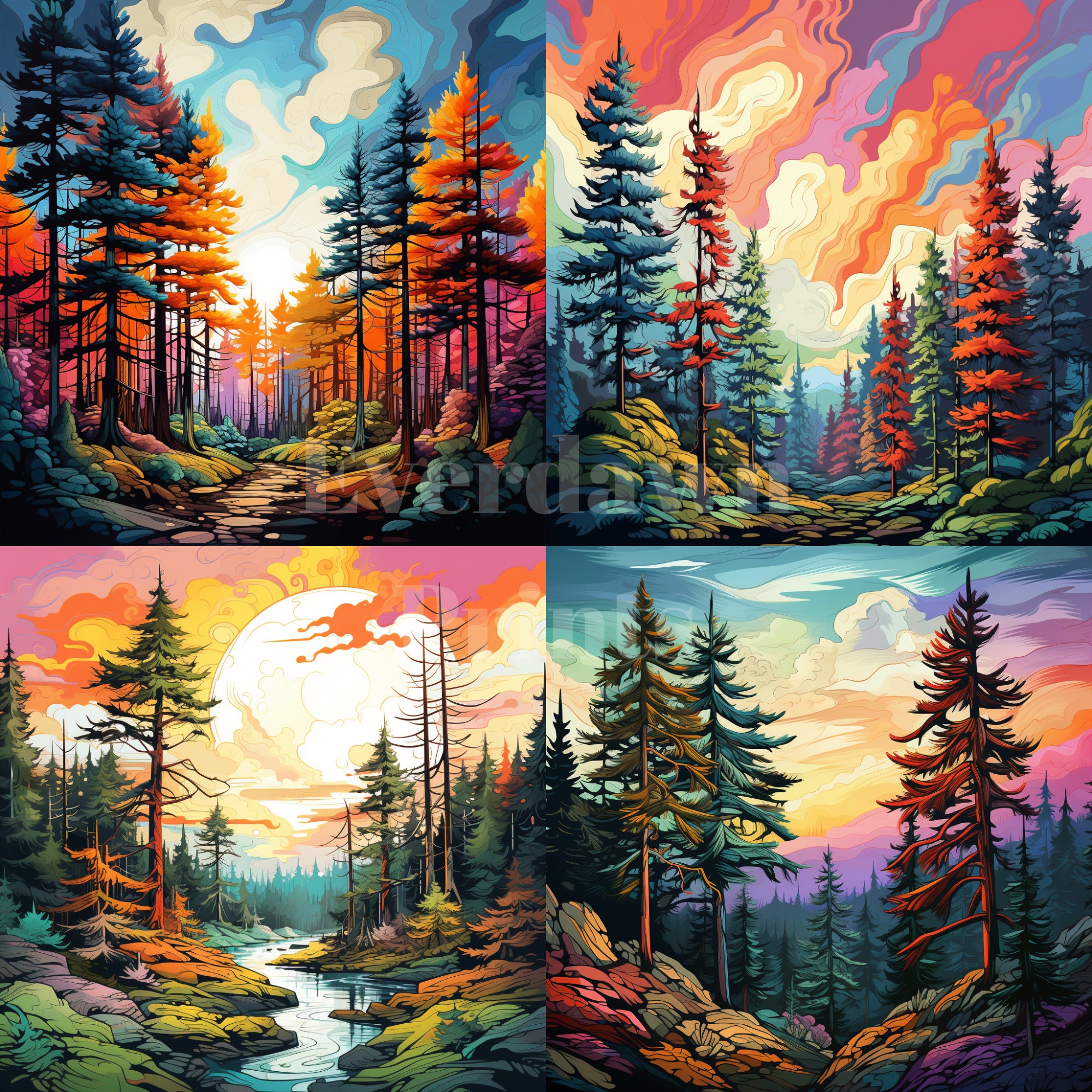 32 Colorful Pine Trees Watercolor Clipart Watercolor Forest Background ...