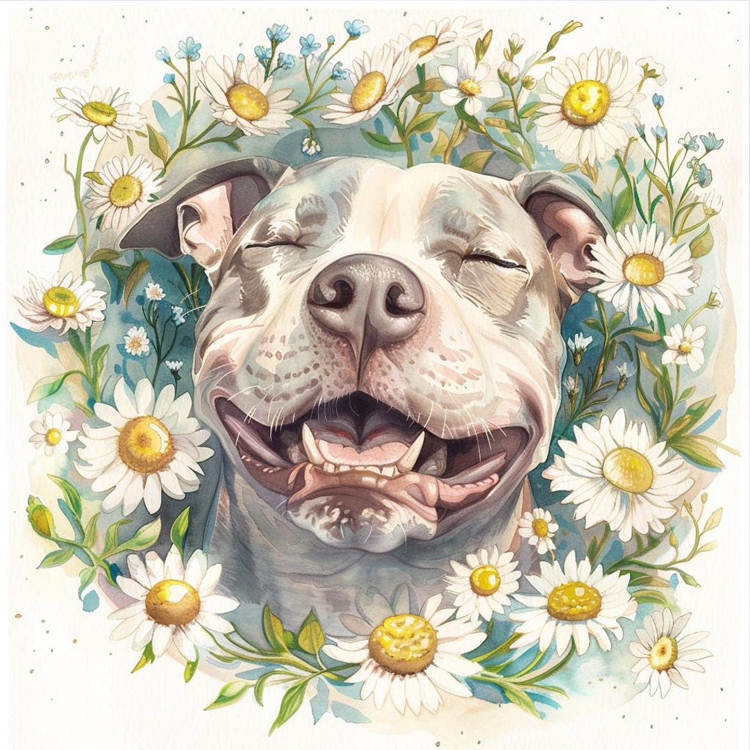 24 Pitbull Dog Clipart, Smiling Dog Art, Dog With Flowers, Watercolor ...