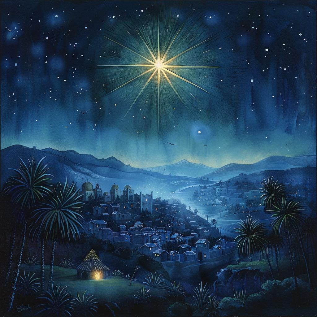 24 Starry Night Bethlehem Scene Clipart, Christmas Star Over City ...