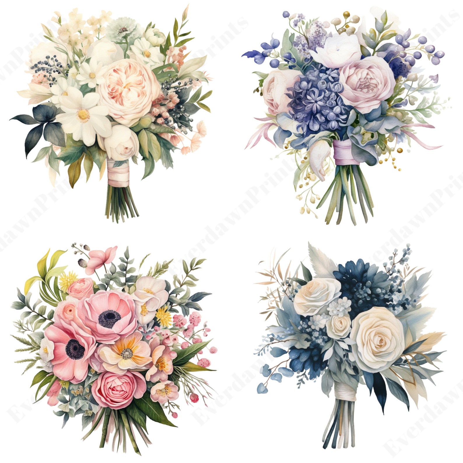 20 Romantic Wedding Bouquet Clipart, Floral Clipart, Watercolor Flowers ...