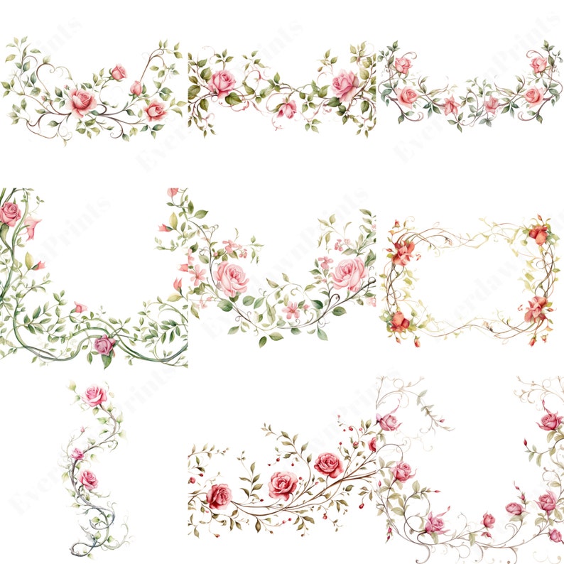 75 Watercolor Rose Vine Borders, Watercolor Floral Borders, Wild ...
