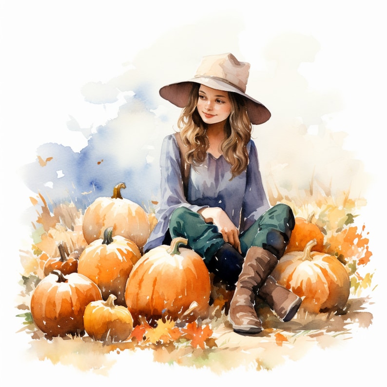 19 Watercolor Pumpkin Patch Girl Clipart, Clipart, PNG, Autumn Girl ...