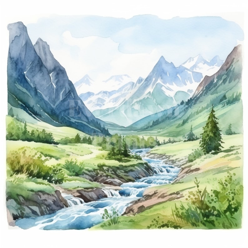 Watercolor Mountain River Clipart, PNG Landscape (digital Download) - Etsy