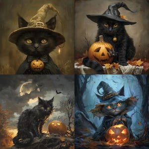 24 Halloween Black Cat With Witch Hat Clipart, Spooky Autumn Pumpkin ...