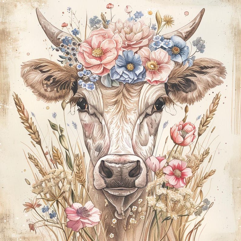 24 Cute Cow With Flowers Clipart, Farm Animal Digital Download, Rustic ...