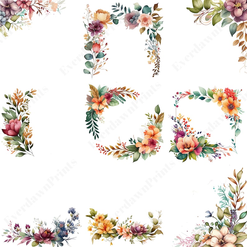 87 Watercolor Floral Borders Set 2, Wild Floral Clipart, High Quality ...