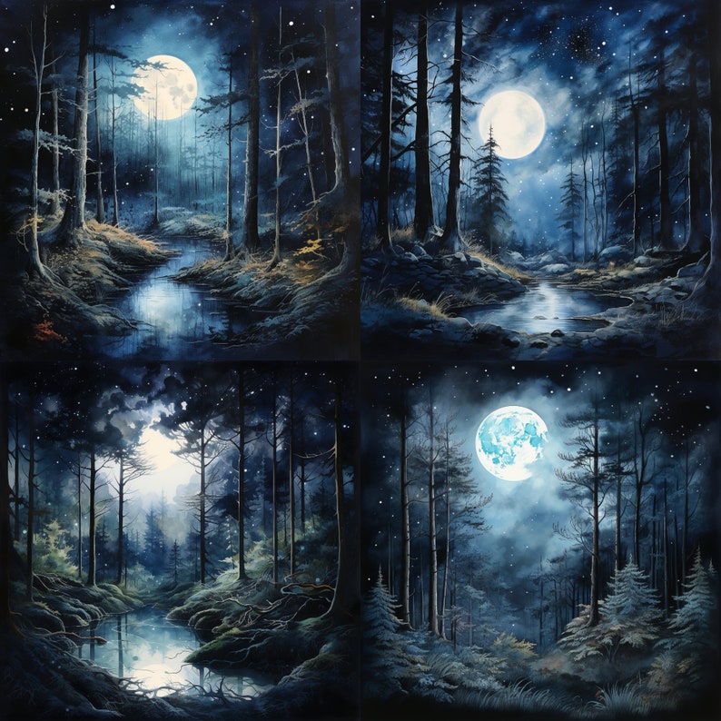26 Watercolor Mystical Moonlit Forest Clipart, Moonlight Clipart, High ...