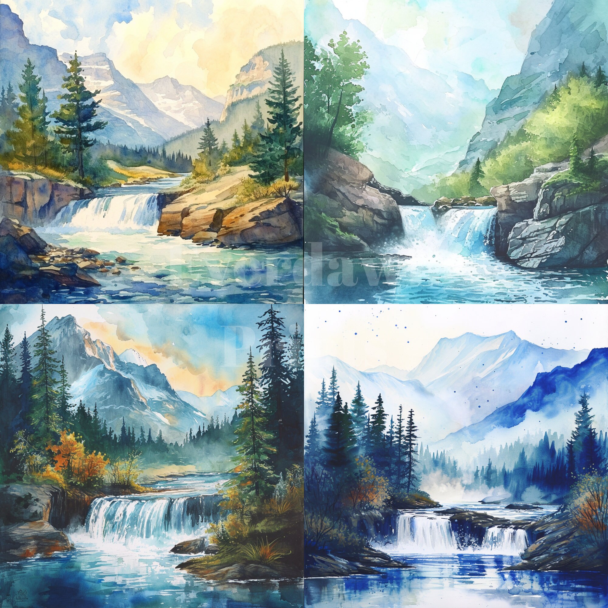 24 Trees Near River and Mountains Watercolor Clipart Foggy Forest ...