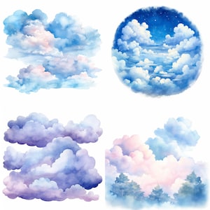 24 Watercolor Cloud Clipart, Transparent Clouds Illustration, Digital ...