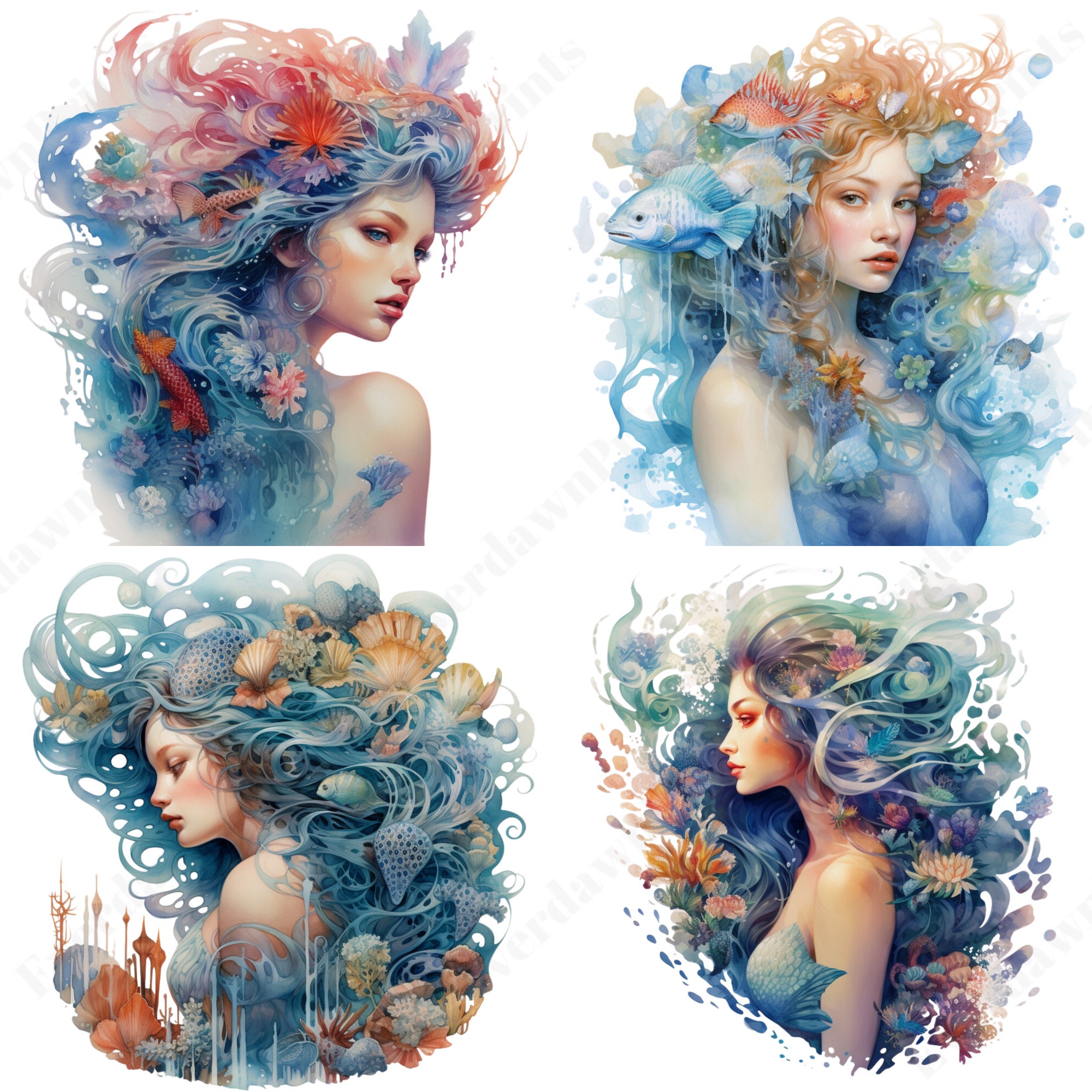 18 Mermaids Watercolor Clipart, High Quality Transparent PNG ...