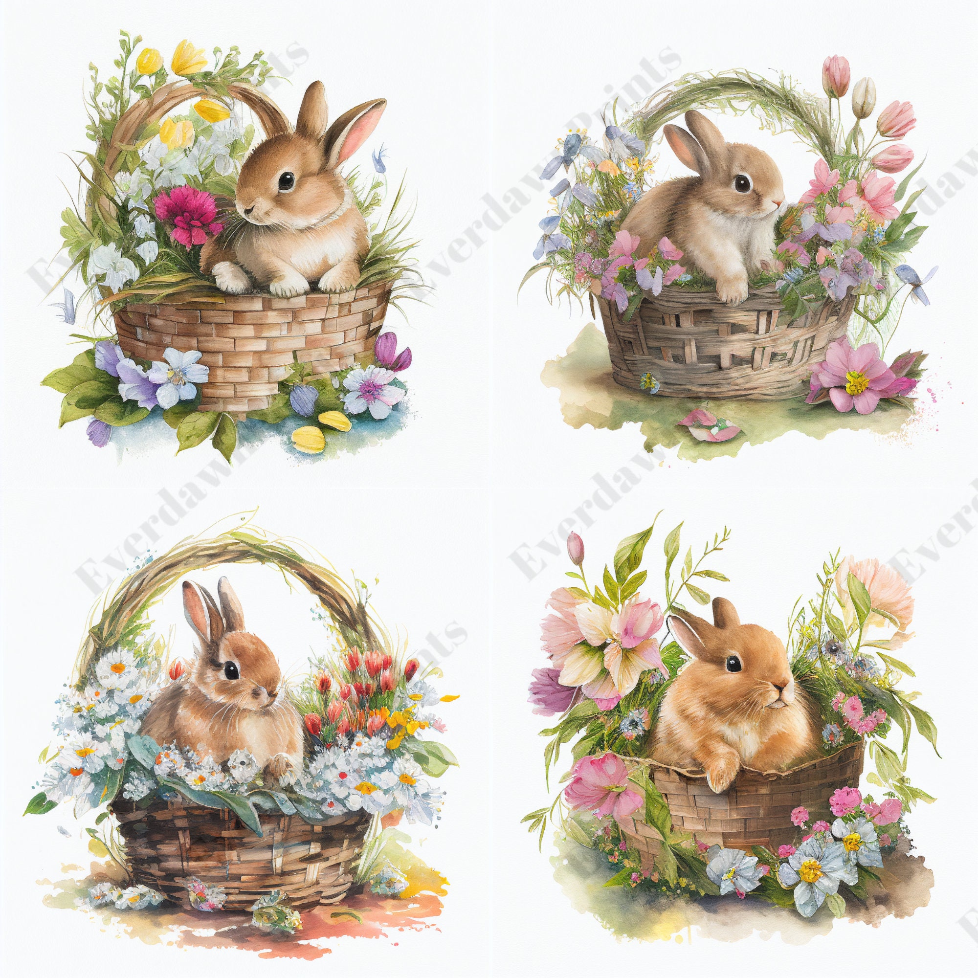 36 Easter Bunny Basket Clipart, High Quality Pngs, Nursery Art, Digital ...