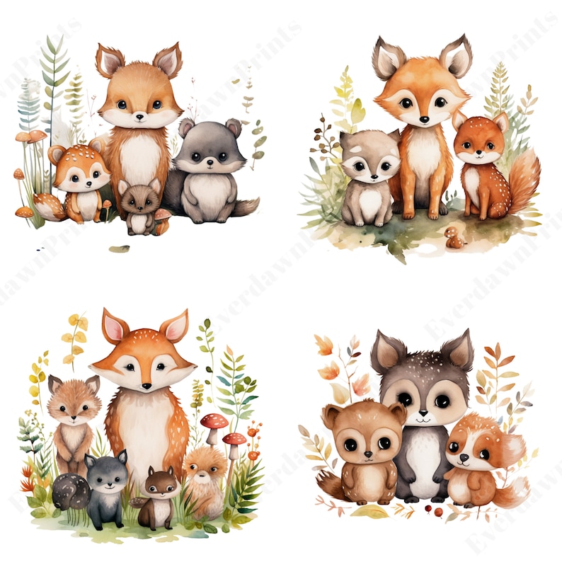 16 Woodland Creatures, Little Animals Watercolor Clip Art, Deer, Fox ...
