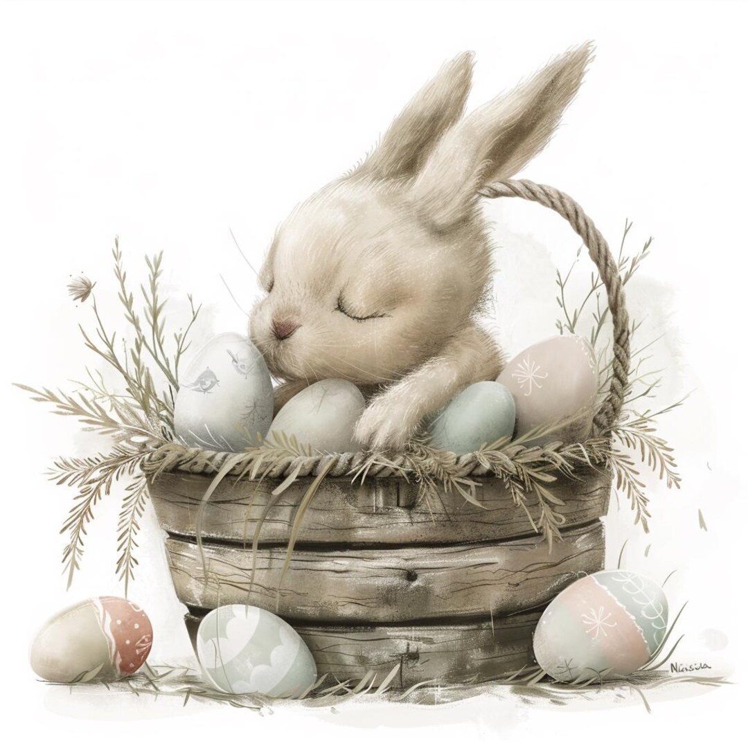 24 Cute Easter Bunny Clipart, Watercolor Rabbit With Eggs Art, Spring ...