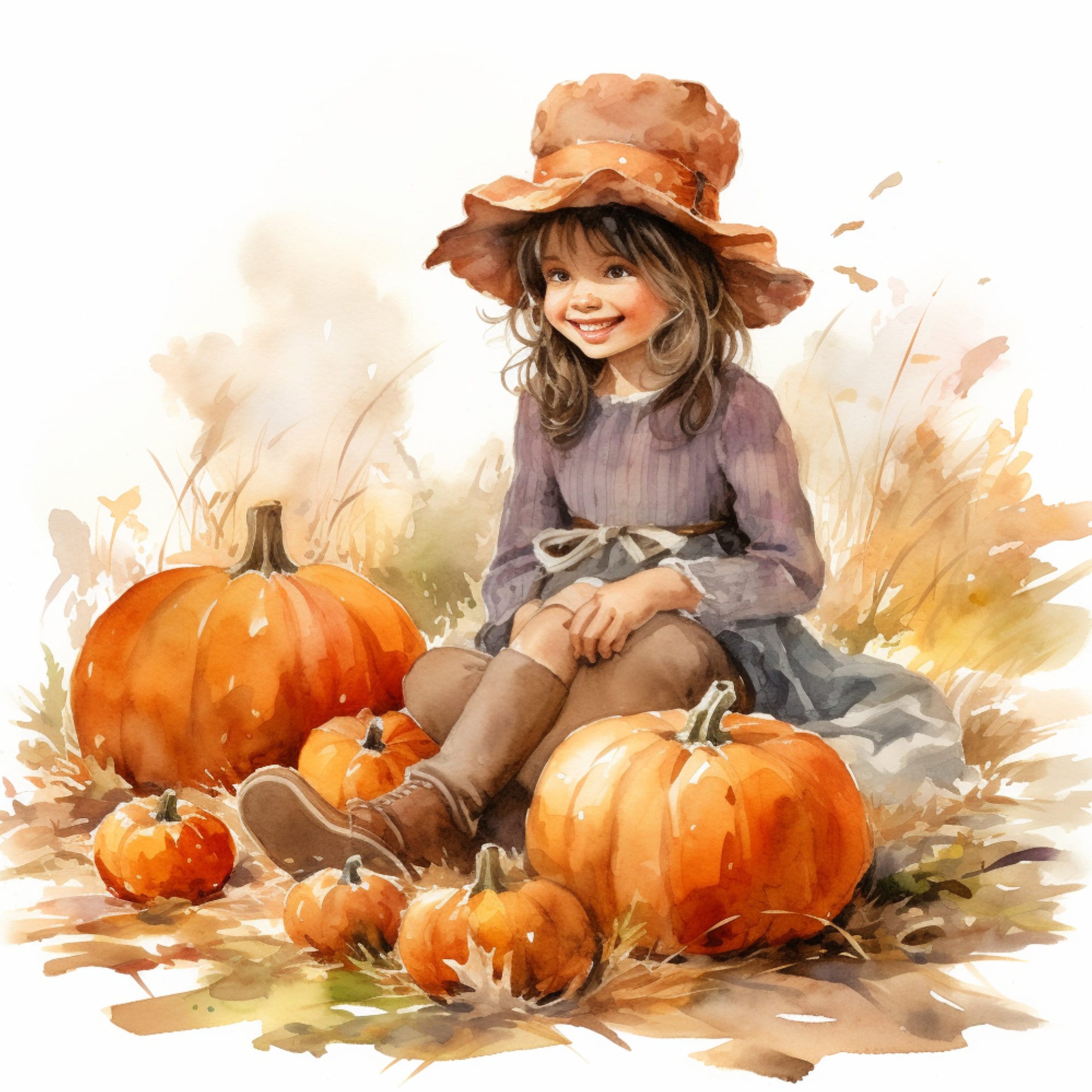 19 Watercolor Pumpkin Patch Girl Clipart, Clipart, PNG, Autumn Girl ...