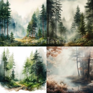 Watercolor Foggy Forest Clipart, Misty Forest Watercolor, Digital ...