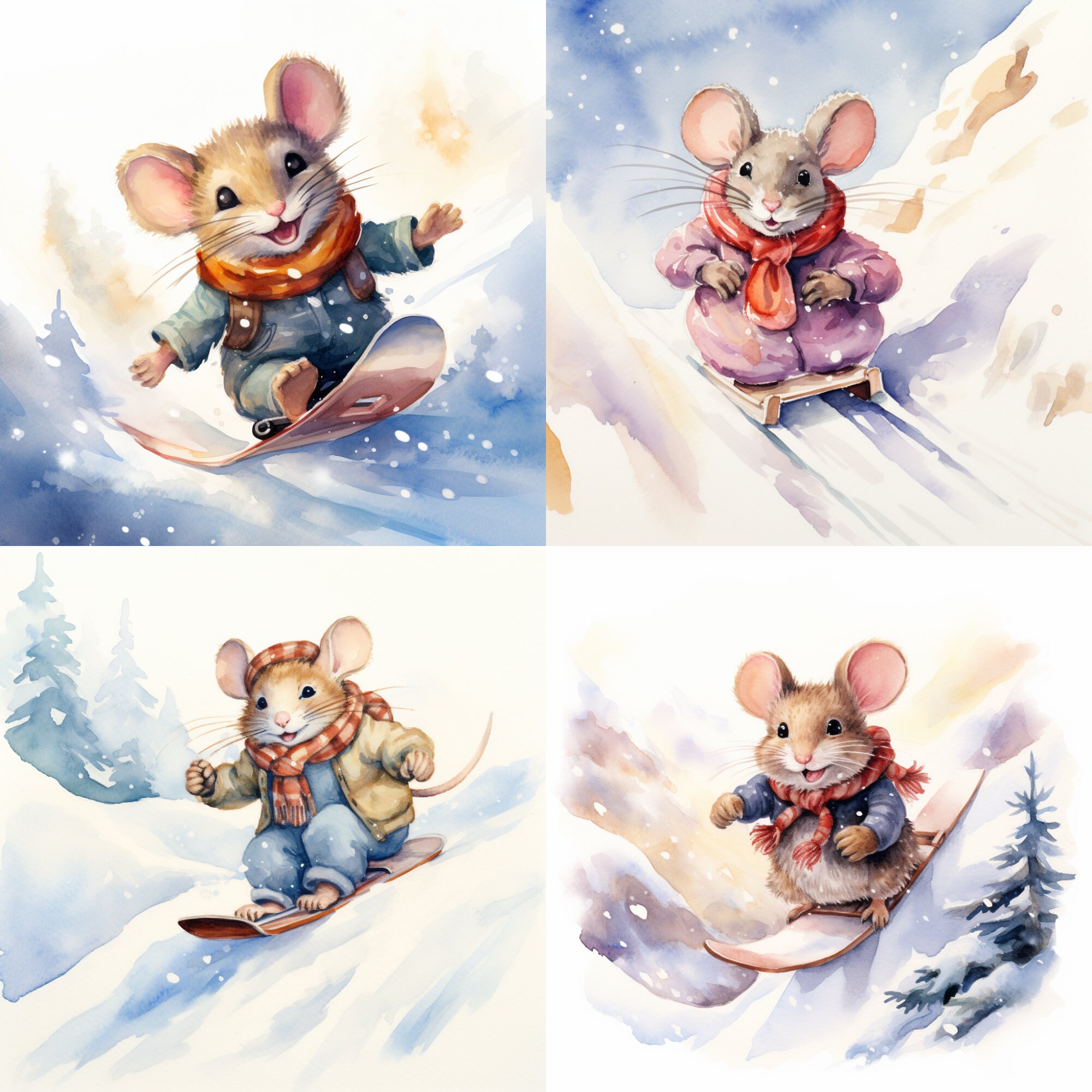 19 Sledding Mouse Watercolor Clipart, PNG, 300 Dpi, Mouse Clipart ...
