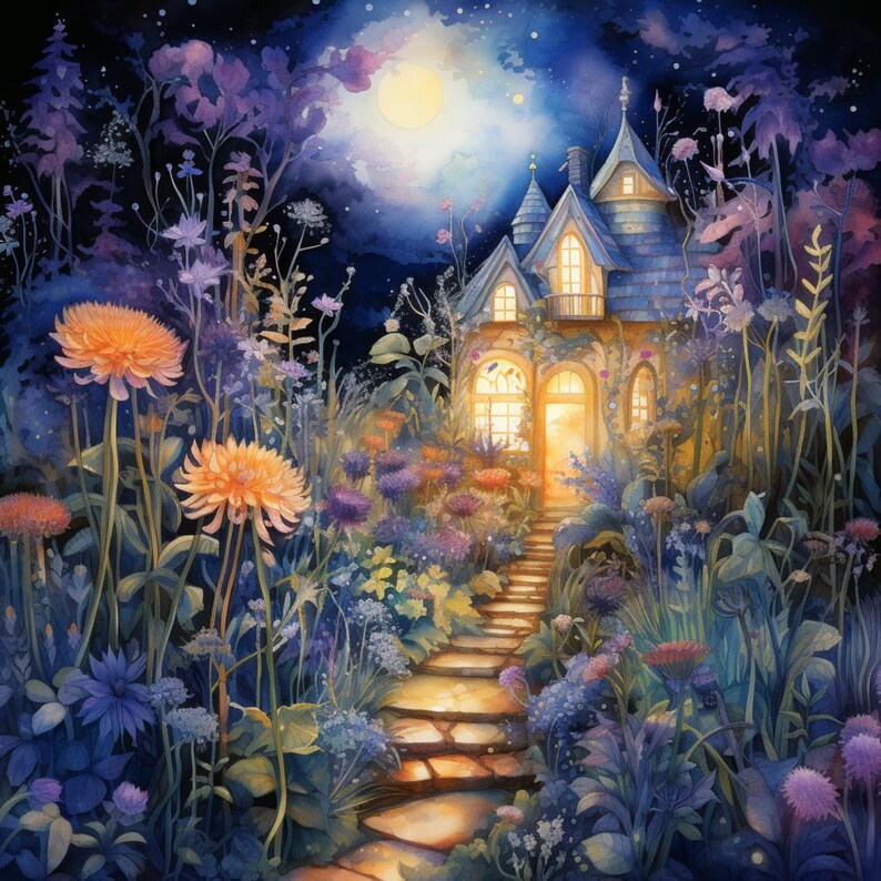 26 Watercolor Mystical Moonlit Garden Clipart, Moonlight Clipart, High ...