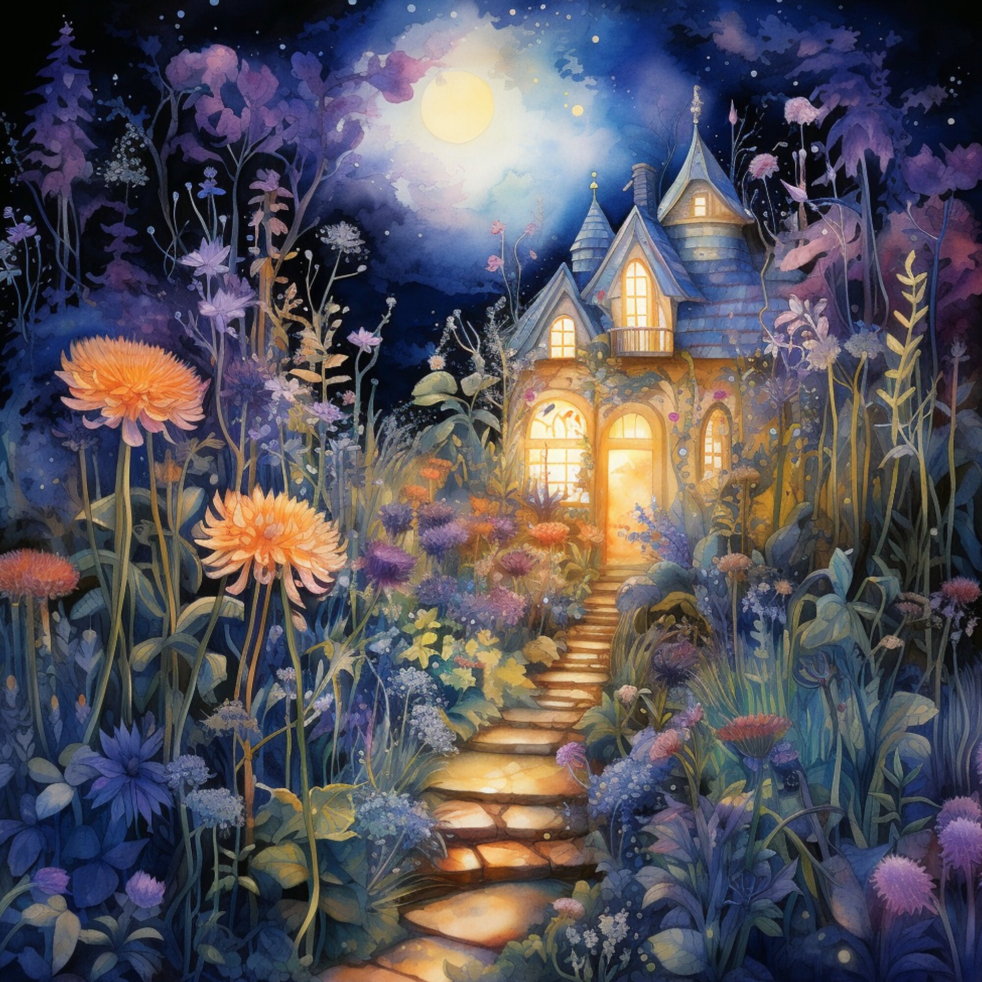26 Watercolor Mystical Moonlit Garden Clipart, Moonlight Clipart, High ...