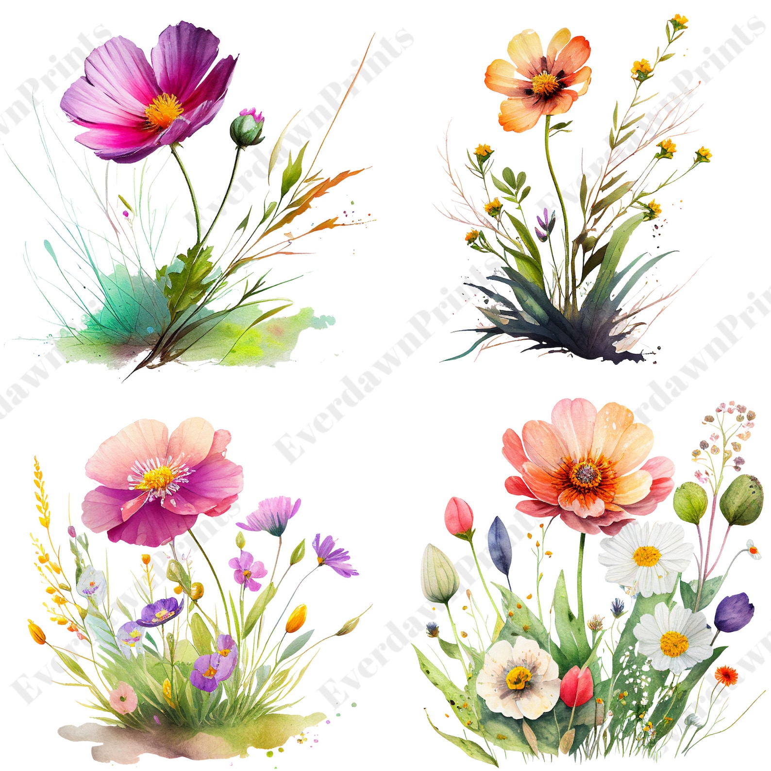 18 Watercolor Meadow Flowers Clipart High Quality PNG Card - Etsy