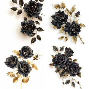 24 Black and Gold Rose Clipart, Floral Design Clipart, Digital Flower ...