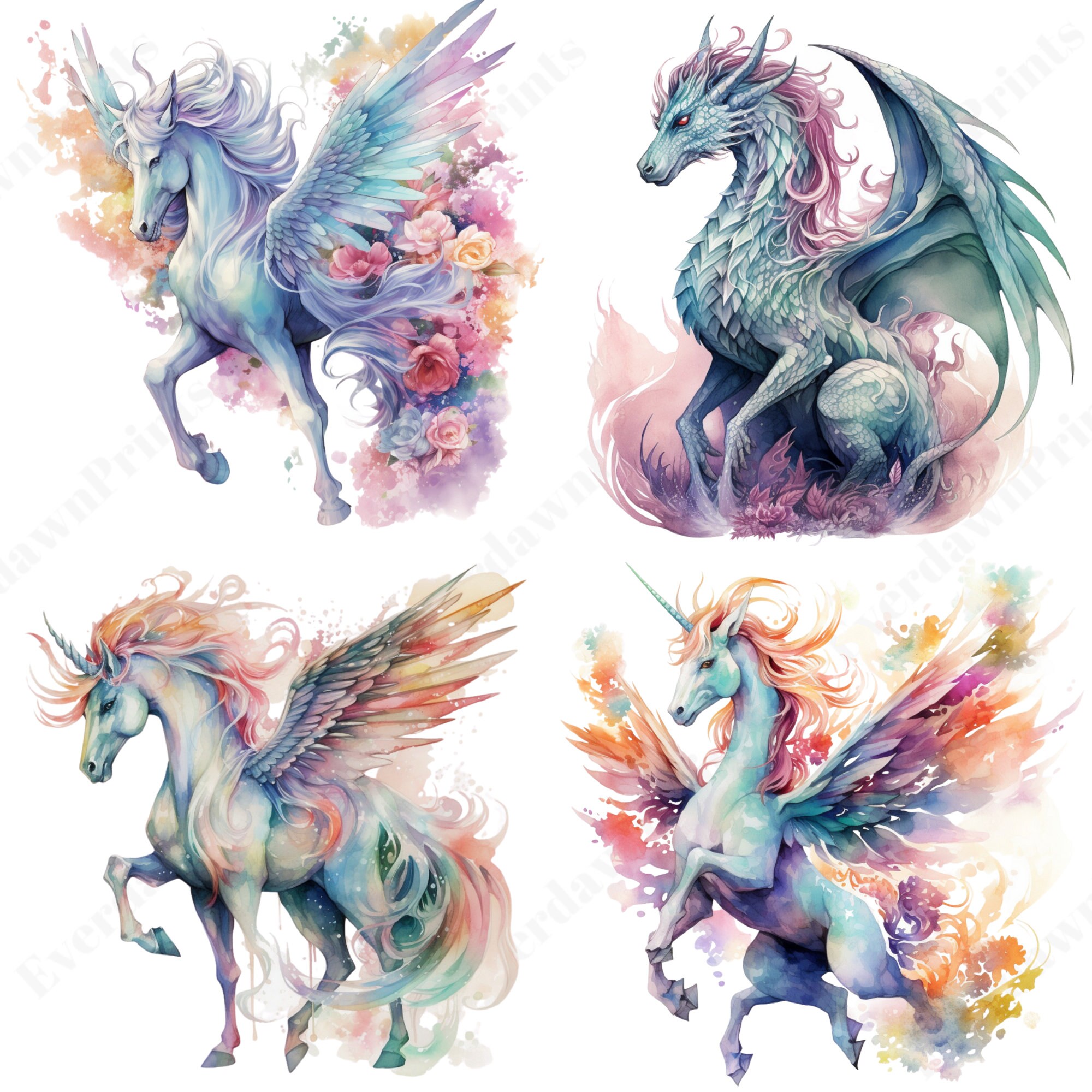24 Magical Fantasy Creatures Clipart Watercolor - Etsy