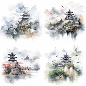 24 Watercolor Chinese_temple_clipart, Watercolor Mountain Clipart ...