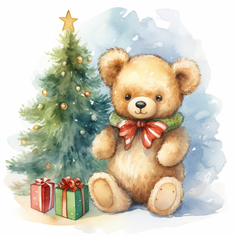 28 Watercolor Teddy Bear With Christmas Tree Clipart, 300 Dpi, Teddy ...