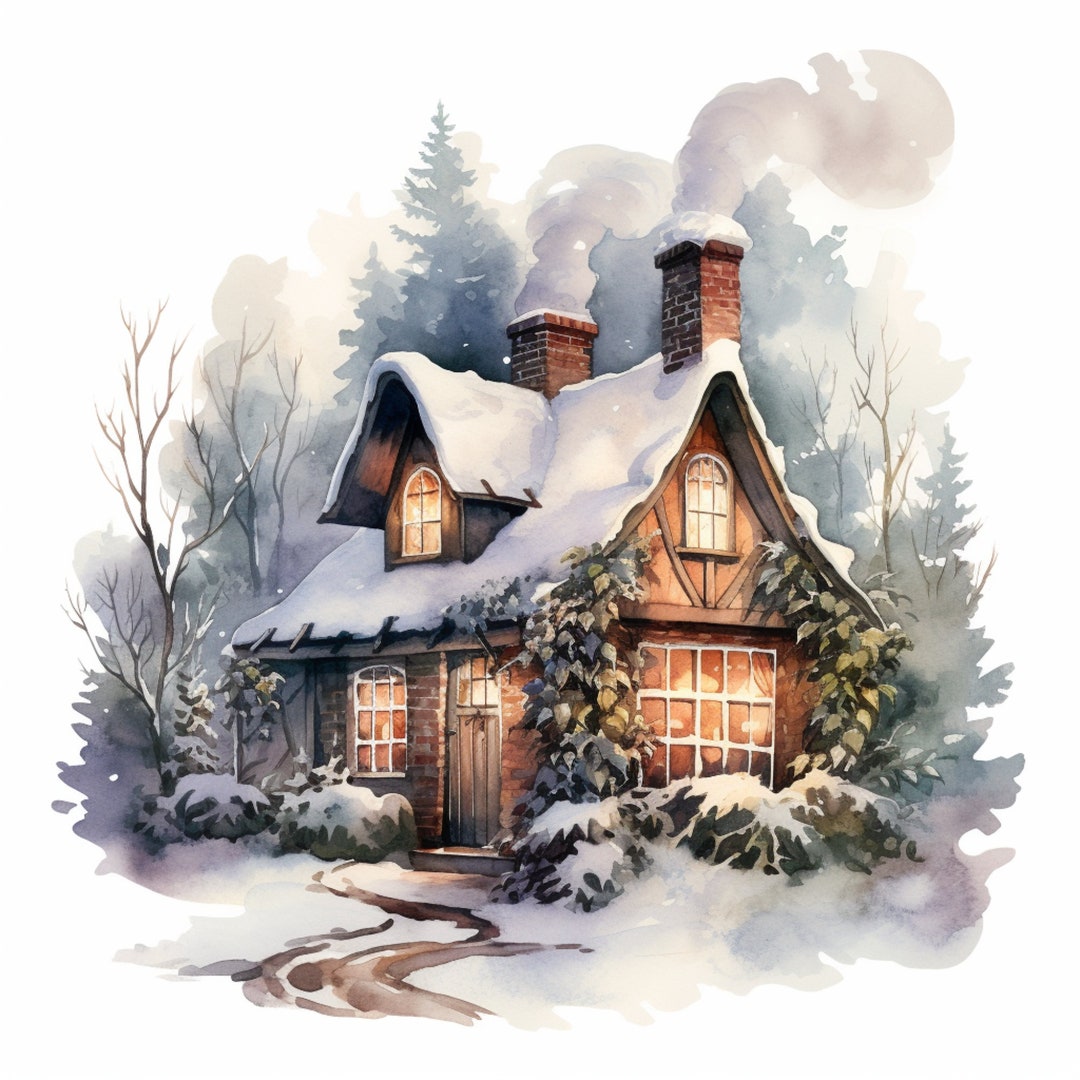 28 Watercolor Snowy Cottage Clipart, High Quality PNG, 300 Dpi, Cozy ...