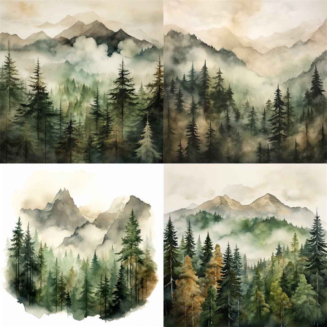 36 Misty Mountain Forest Landscape, Watercolor Forest Background, High ...