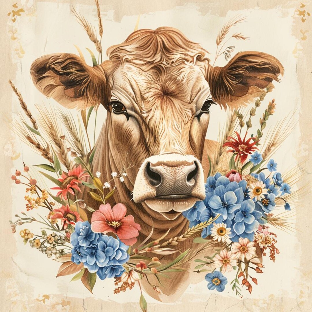 24 Cute Cow With Flowers Clipart, Farm Animal Digital Download, Rustic Floral Cow Print, Country ...