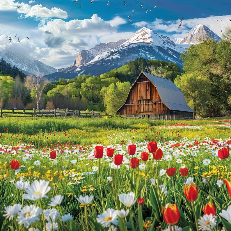 24 Scenic Farm Spring Flowers Clipart, Farmhouse in Spring, Mountain ...