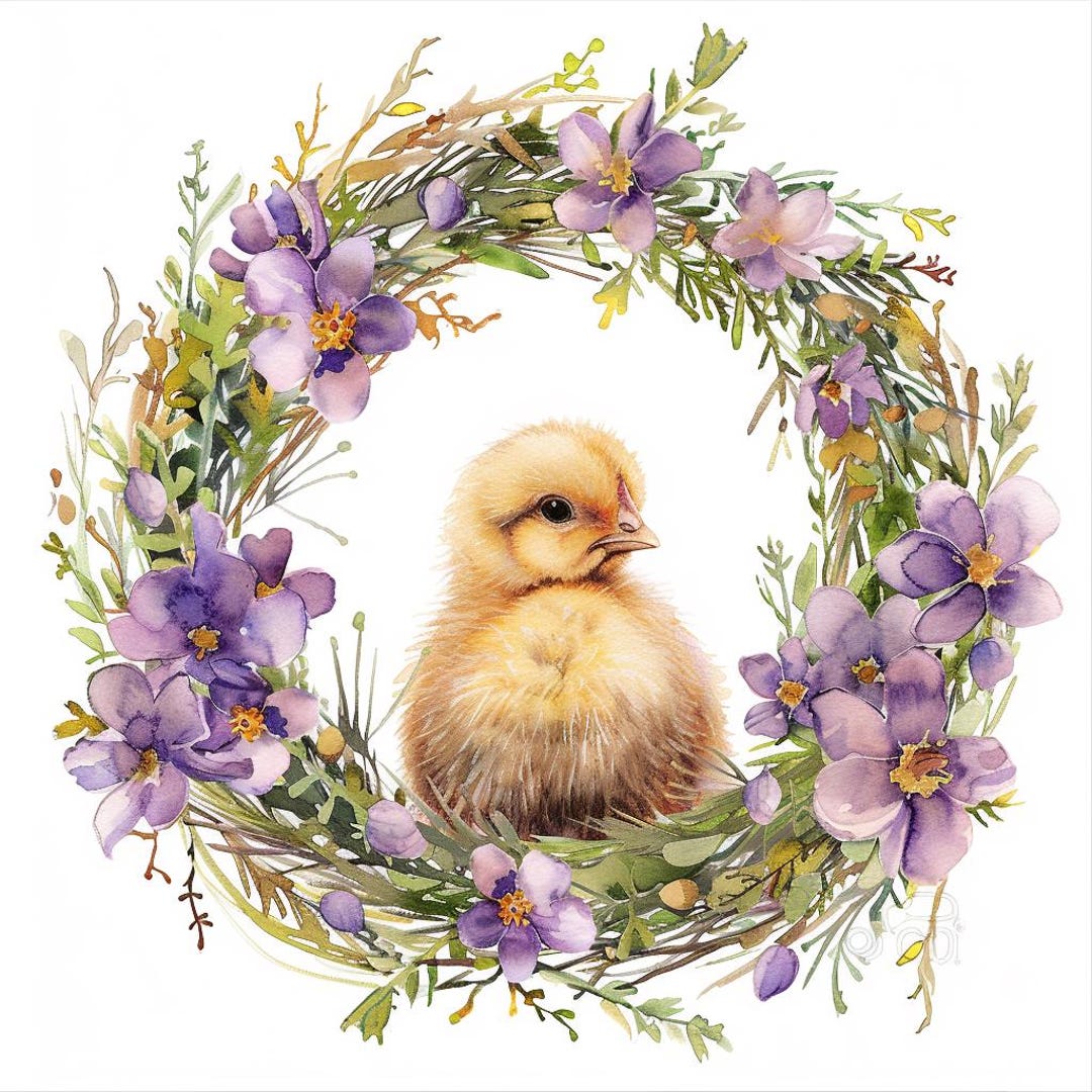 24 Chick Clipart, Floral Wreath Clipart, Watercolor Chick, Spring ...