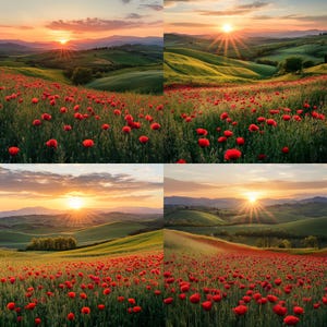 Sunset Poppy Field Digital Art Print, Romantic Landscape Wall Art, Warm ...