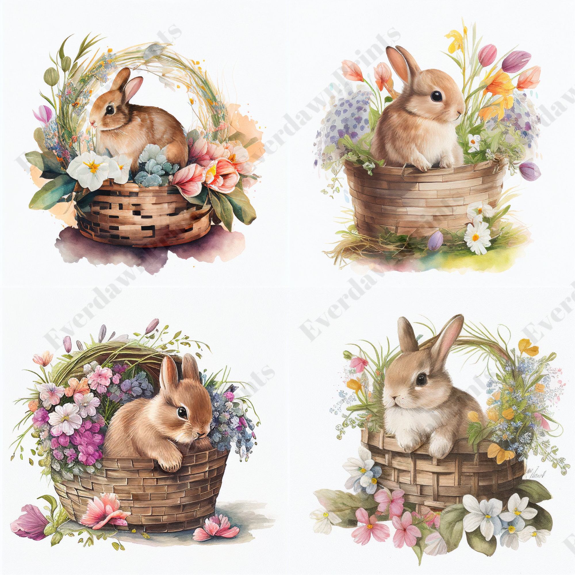 36 Easter Bunny Basket Clipart, High Quality Pngs, Nursery Art, Digital ...