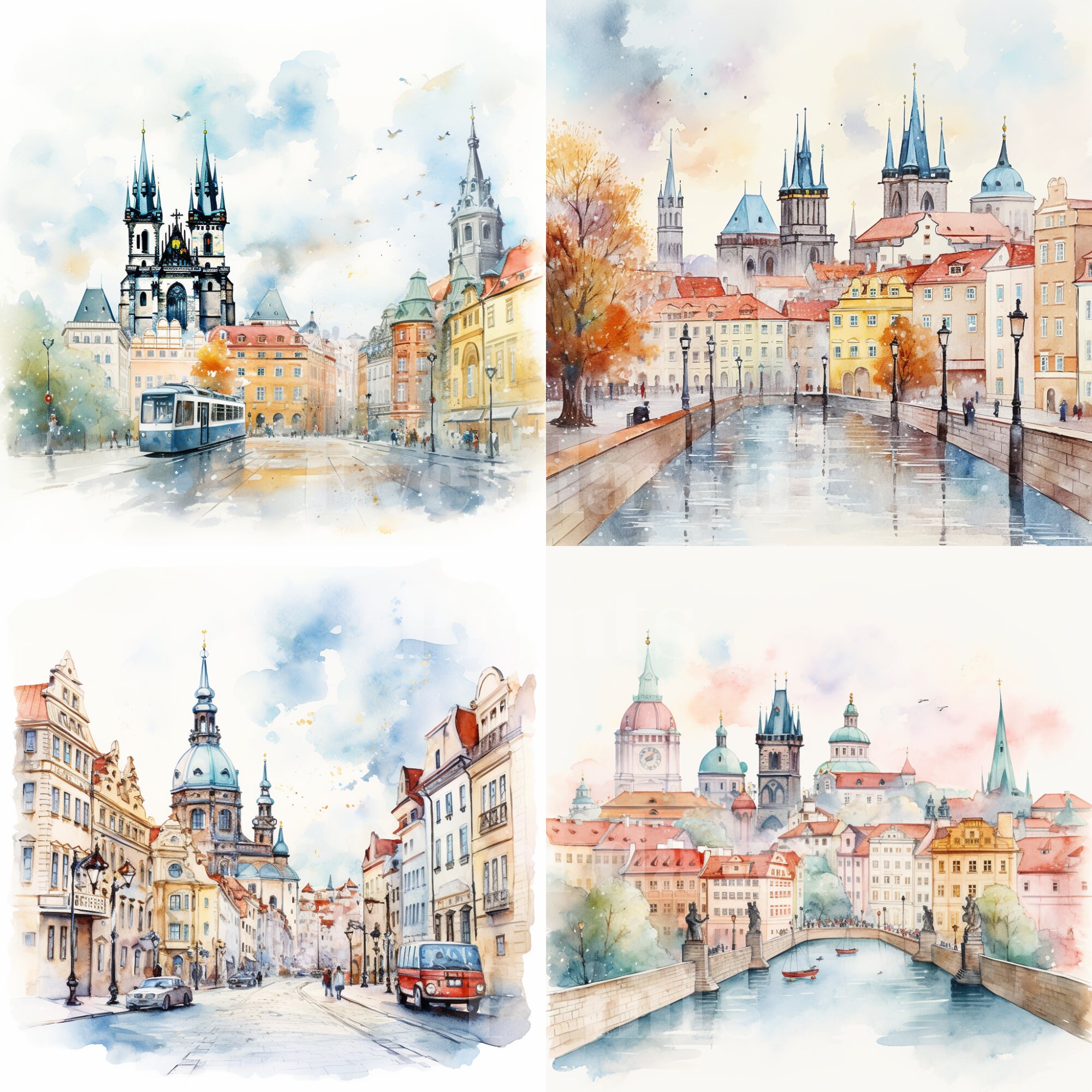 Watercolor Prague Clipart, Cityscape Illustrations (instant Download ...