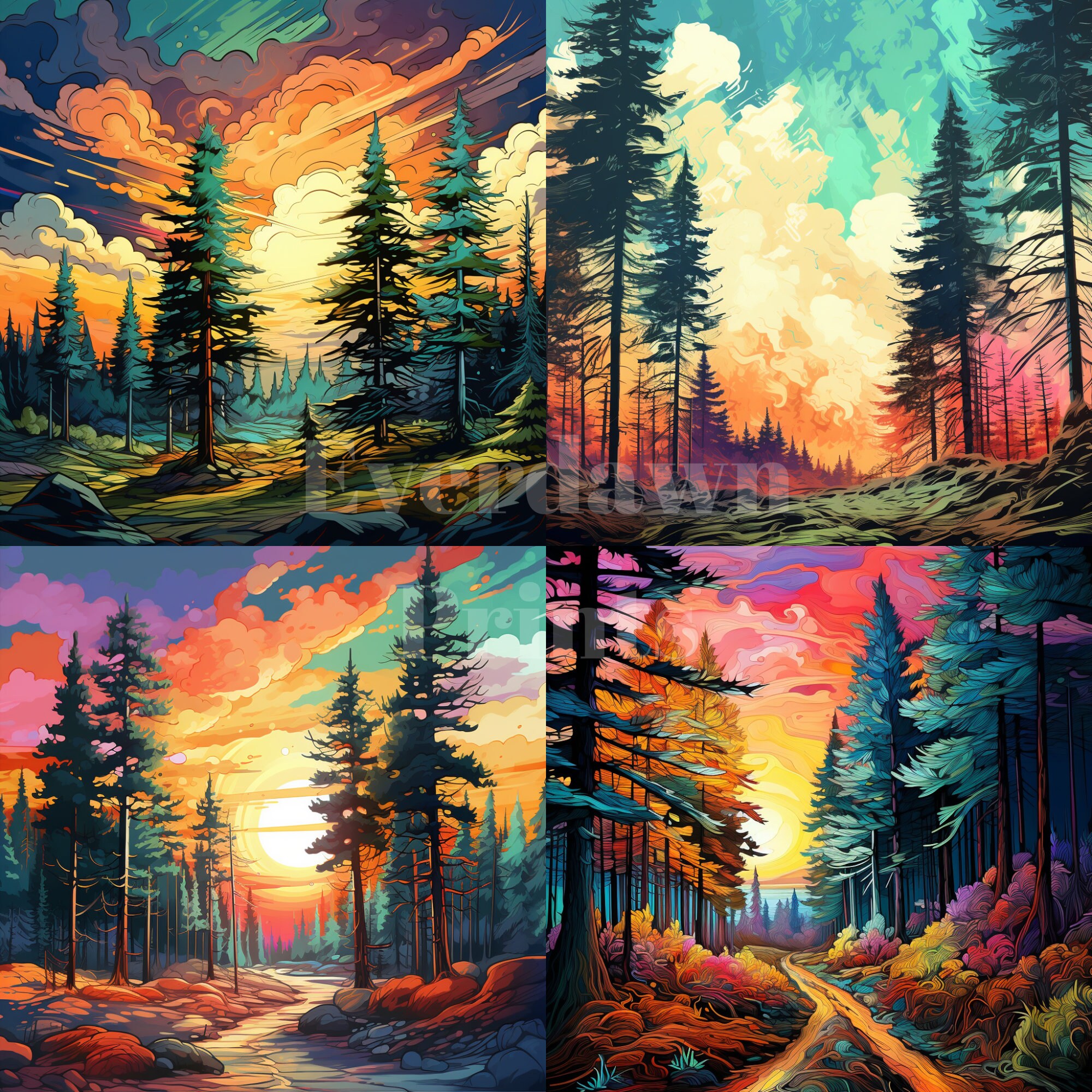 32 Colorful Pine Trees Watercolor Clipart Watercolor Forest Background ...