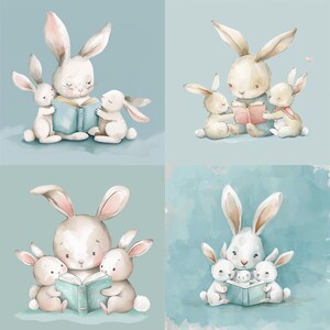 24 Cute Bunny Family Reading Book Clipart, Watercolor Rabbit ...