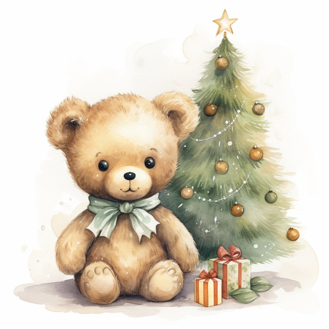 28 Watercolor Teddy Bear With Christmas Tree Clipart, 300 Dpi, Teddy ...