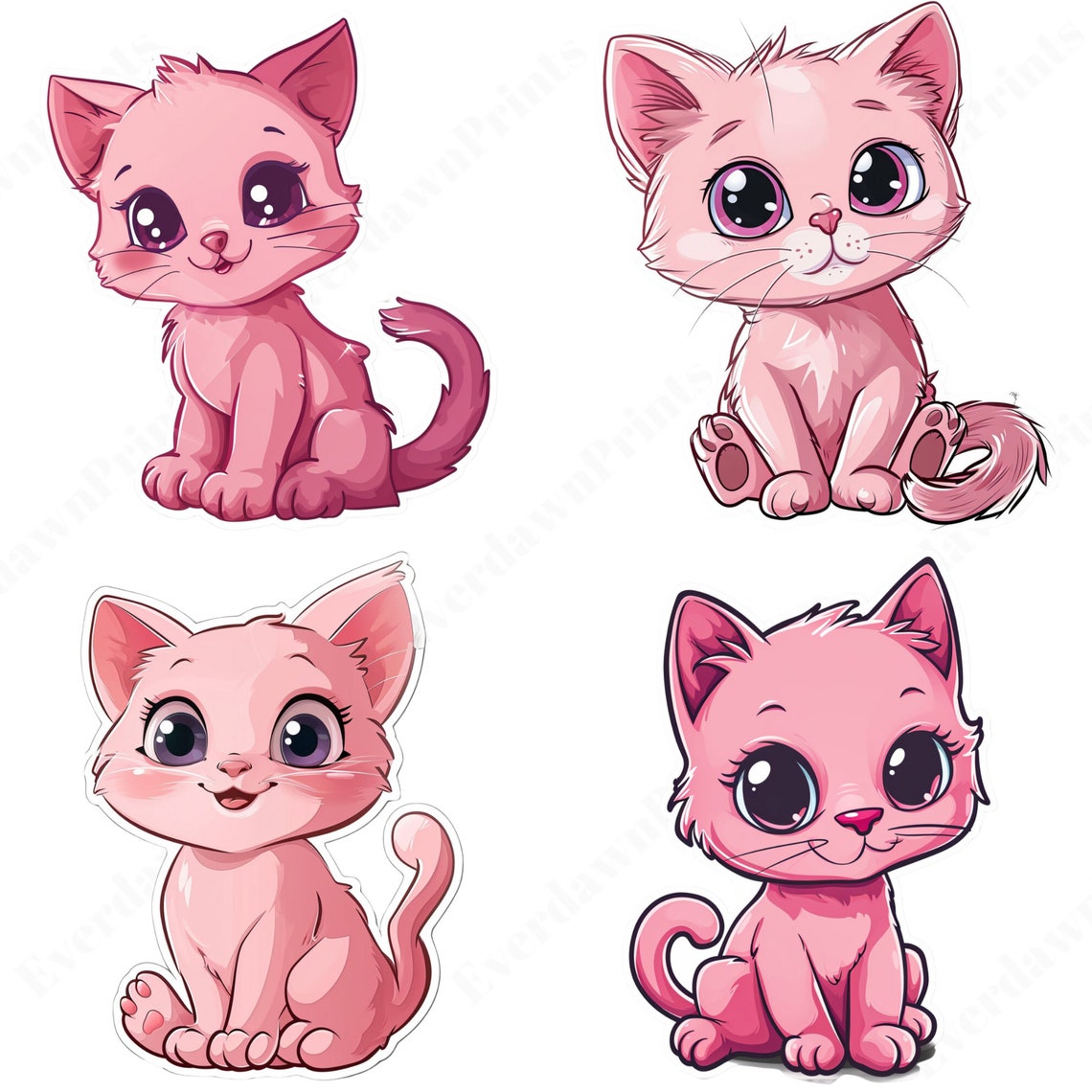 21 Cute Cartoon Pink Kitten Sticker, Adorable Cat Clipart, Perfect for ...