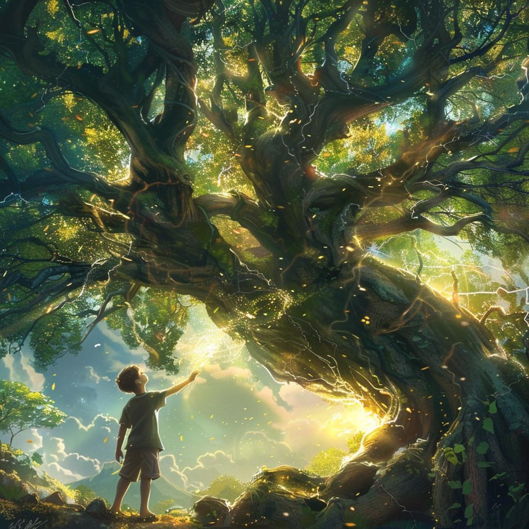 28 Enchanted Tree Clipart, Magical Forest Scene, Boy Touching Light ...