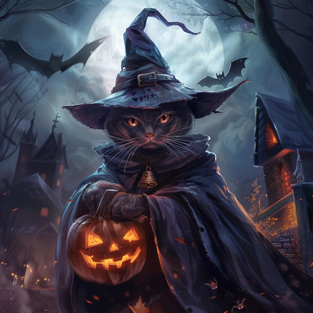 24 Halloween Black Cat With Witch Hat Clipart, Spooky Autumn Pumpkin ...