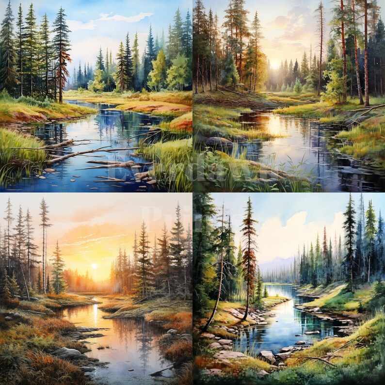 23 Watercolor Taiga Landscape, Watercolor Forest Background, High ...