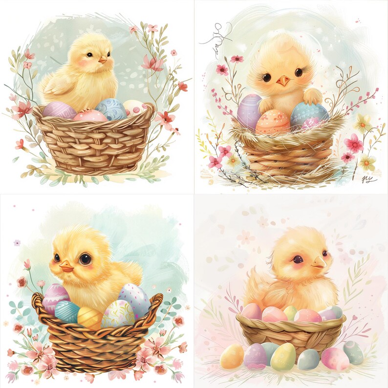 24 Easter Chick in Basket Clipart, Cute Spring Chicken With Colorful ...