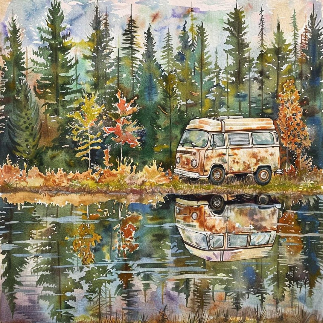 24 Retro Camper Van Camping Adventure Clipart, Forest Lake Watercolor ...