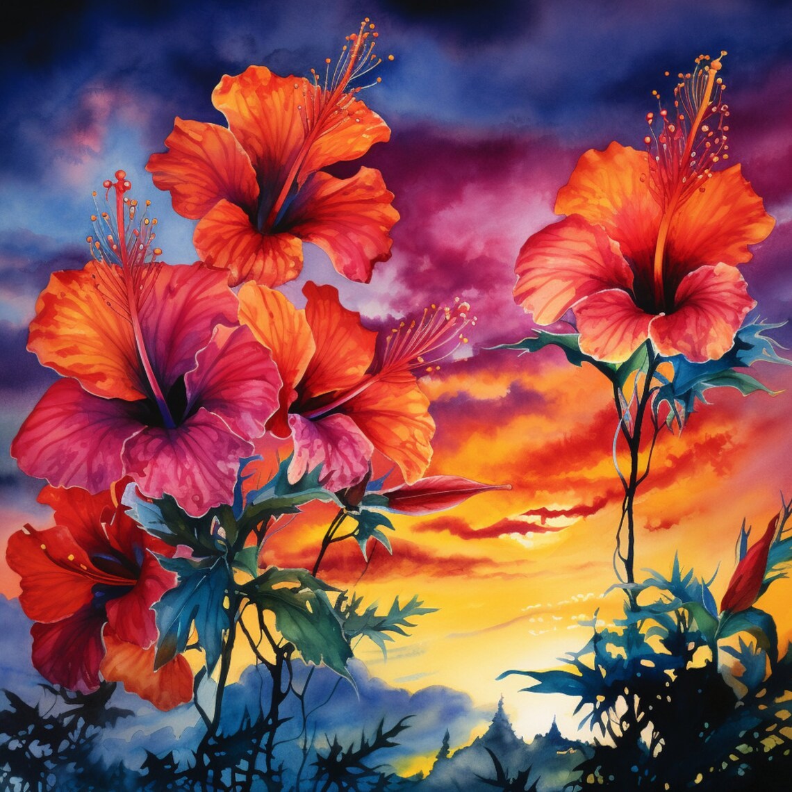 24 Watercolor Sunset Floral Clipart, Watercolor Flowers Clipart, High ...